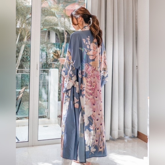 Dresses | New Vintage Floral Print Peacock Kimono Maxi Duster Jacket ...